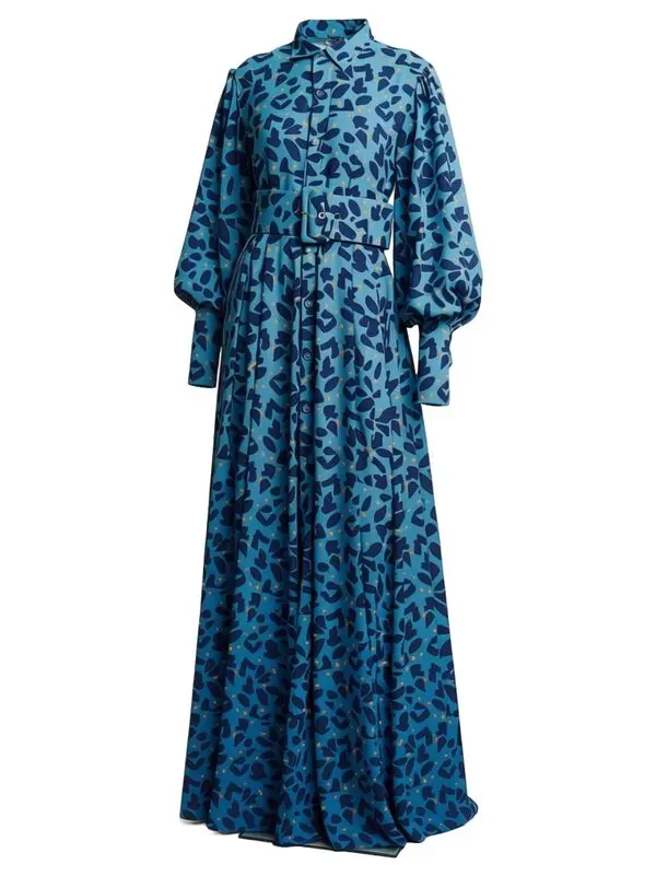 OFUURE Azi Maxi Shirt Dress With Bishop Sleeves And Leopard Print - Blue