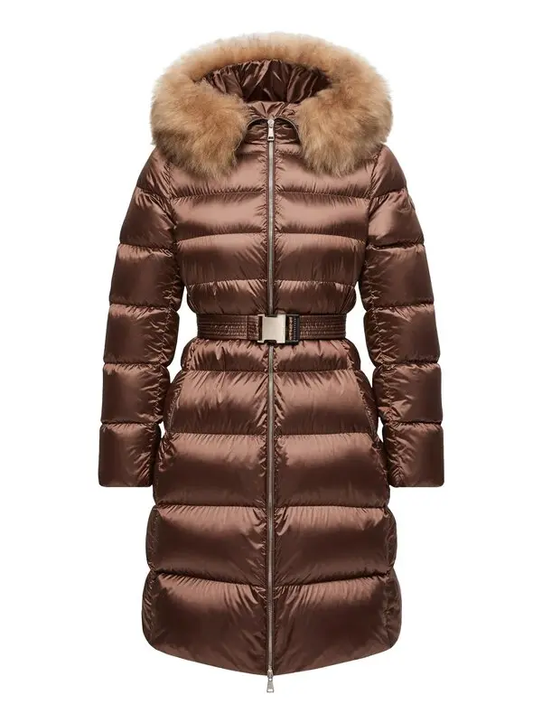 Moncler Leersies Long Down Coat With Shearling Trim - Brown