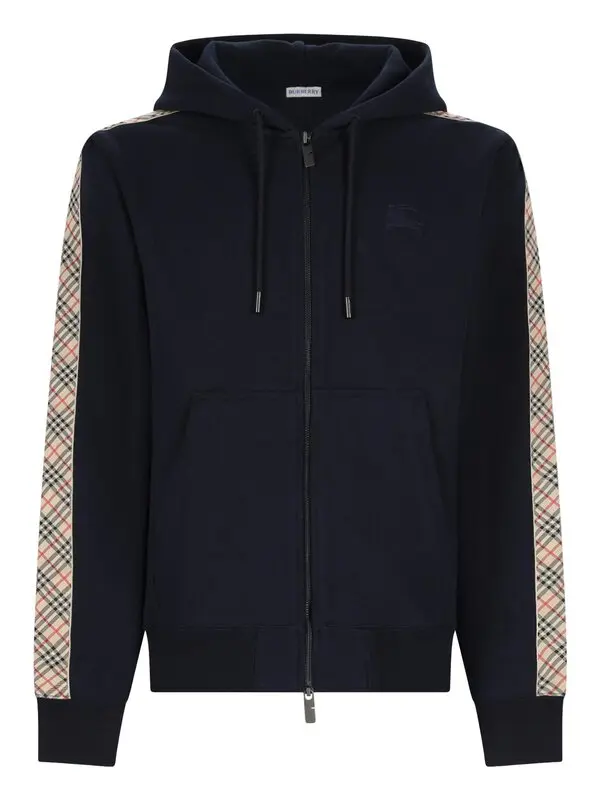 Burberry Felpa In Cotone Con Cappuccio, Cerniera E Finiture Check - Blue