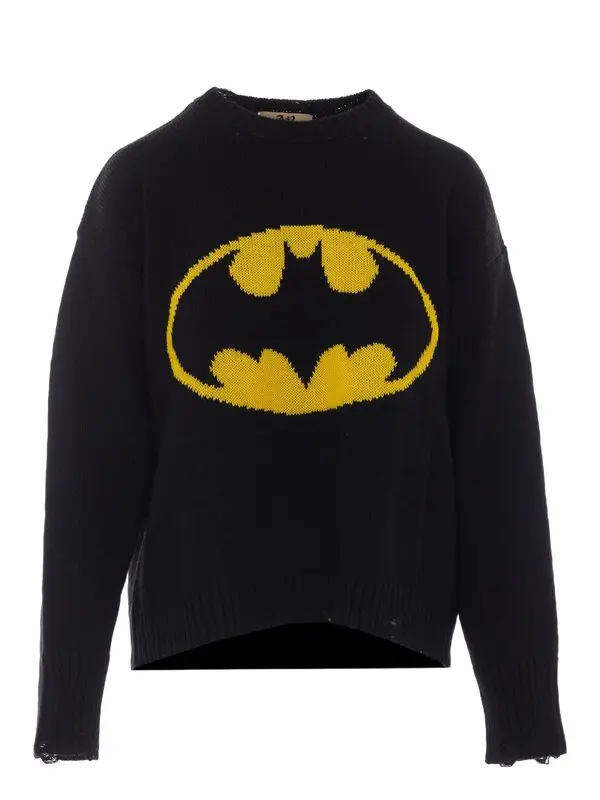 ANIYE BY Batman Motif Crewneck Drop Shoulder Knit Sweater - Black