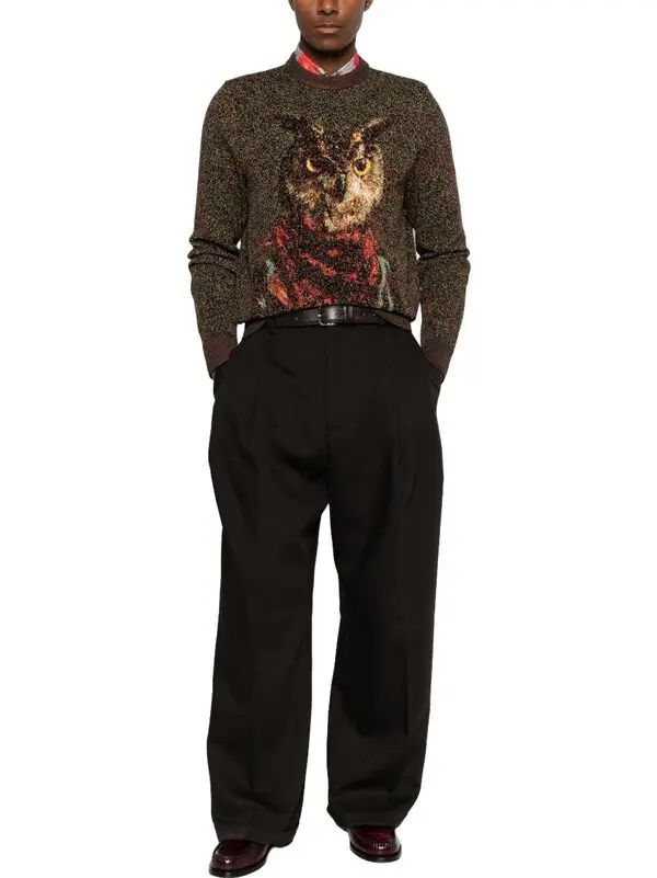 Etro Wool Blend Crewneck Sweater With Owl Motif - Brown