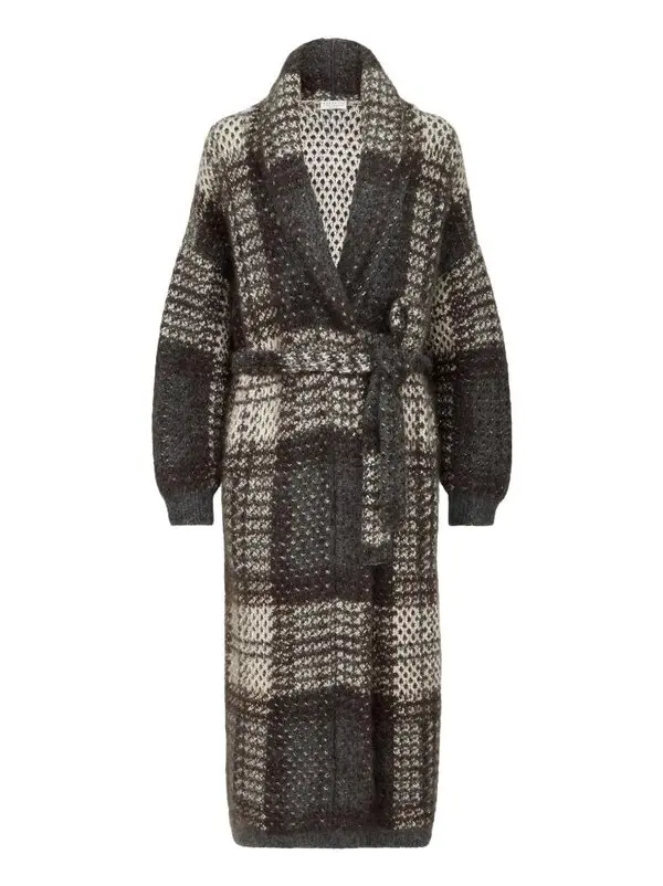 Brunello Cucinelli Shawl Collar Plaid Wool Long Cardigan - Grey