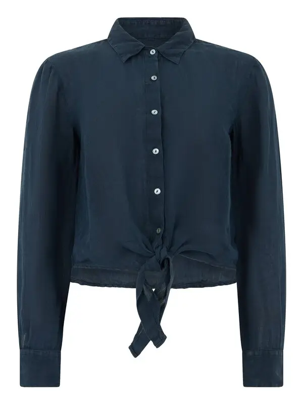 120% Lino Cropped Linen Shirt With Bow Detail - Blue