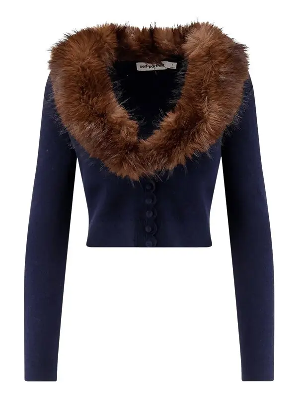 SELF-PORTRAIT Faux Fur Collar Cropped Cardigan - Navy