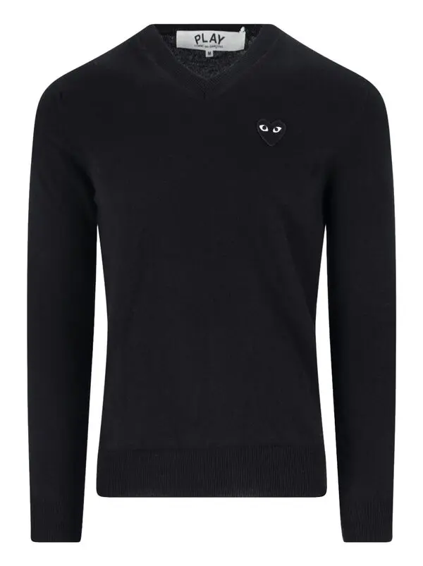 Play Comme Des Garcon 100% Wool V-neck Sweater With Heart Patch - Black