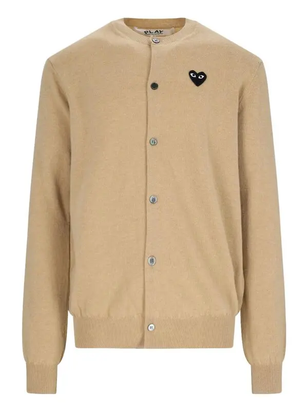 Play Comme Des Garcon 100% Wool Crew Neck Cardigan With Appliqu - Beige