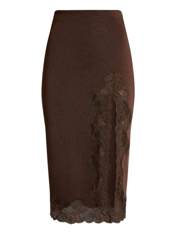 Balmain Lace Detail Midi Skirt - Brown