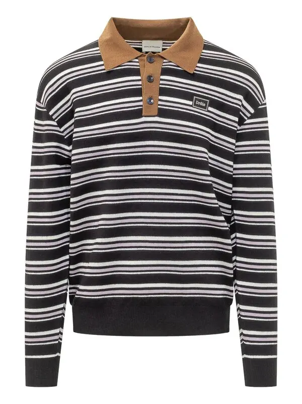 Drole De Monsieur Striped Long Sleeve Knit Polo - Navy