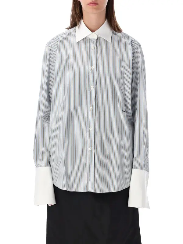 Prada Oversized Striped Button-down Shirt With Contrasting Collar And Cuffs - Cielo