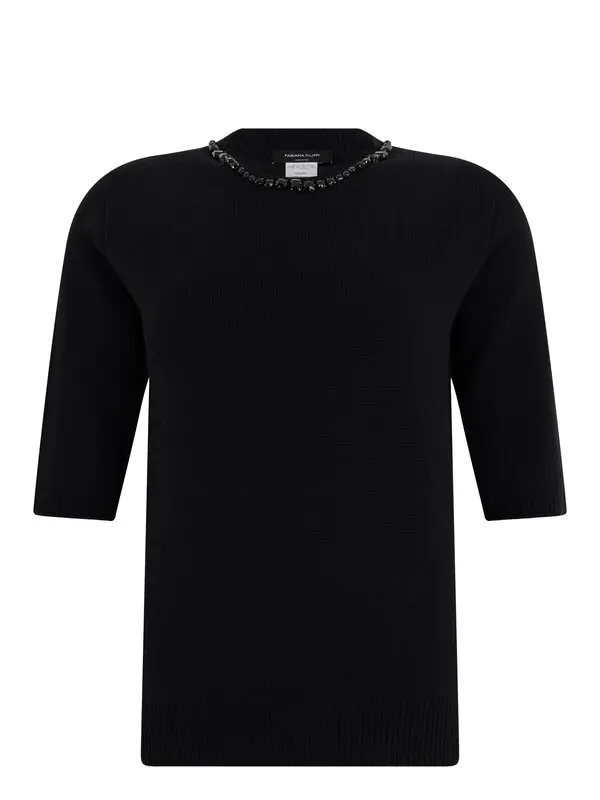 Fabiana Filippi Embellished Round Neck Short Sleeve T-shirt - Black