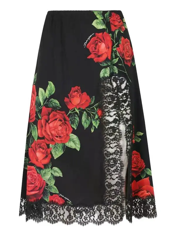 Dolce & Gabbana Rose Print Lace-trim Midi Skirt - Black