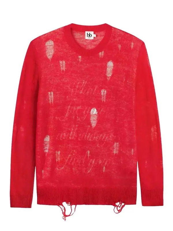 B+AB Distressed Semi-sheer Crew Neck Sweater - Red
