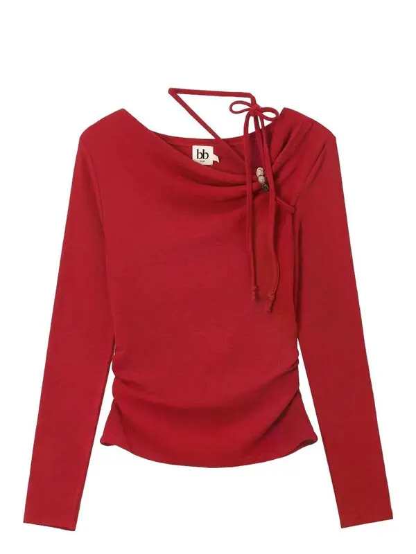 B+AB Bb Bead-embellished Ruched Asymmetric Neck Blouse - Red
