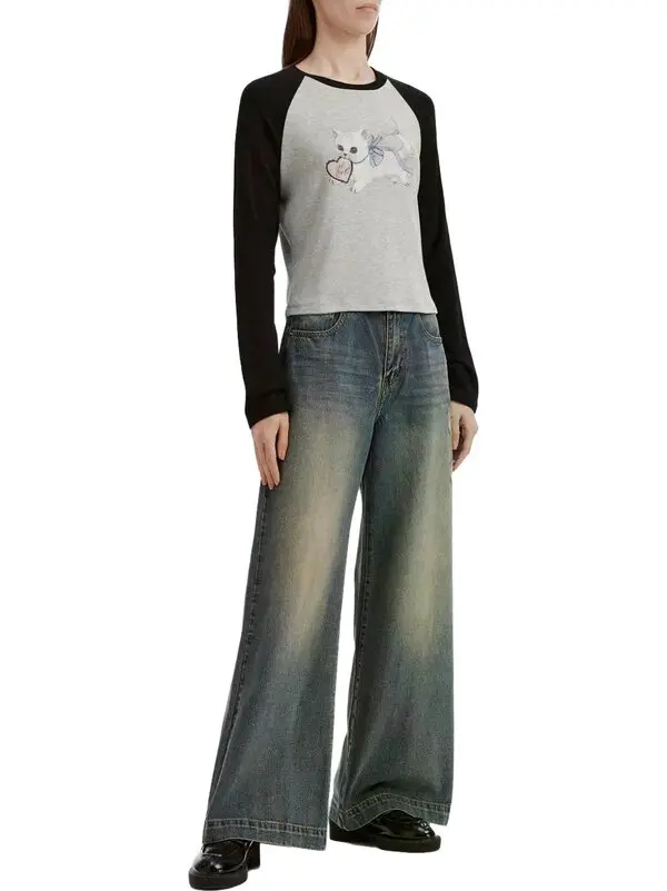 B+AB Cat Print Raglan Sleeve T-shirt - Grey