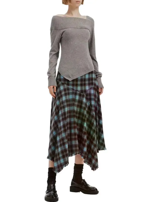 TOUT A COUP Handkerchief Hem Plaid Midi Skirt - Blue