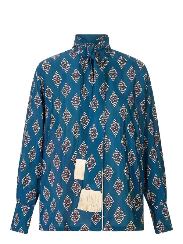 F.R.S FOR RESTLESS SLEEPERS Geometric Pattern Tie Detail Blouse - Blue