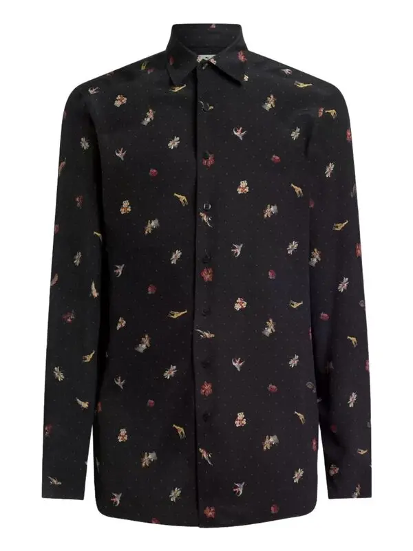 Etro Silk Shirt With Micro Flower And Animal Motif - Black