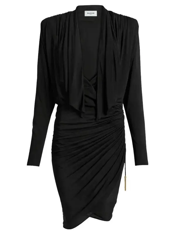 Balmain Draped Flowing Jersey Dress With Gold-tone Chain Tassel - Black