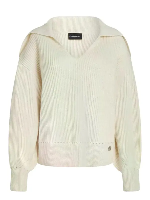 Karl Lagerfeld Ribbed Knit Wide Collar V-neck Sweater - Neutrals