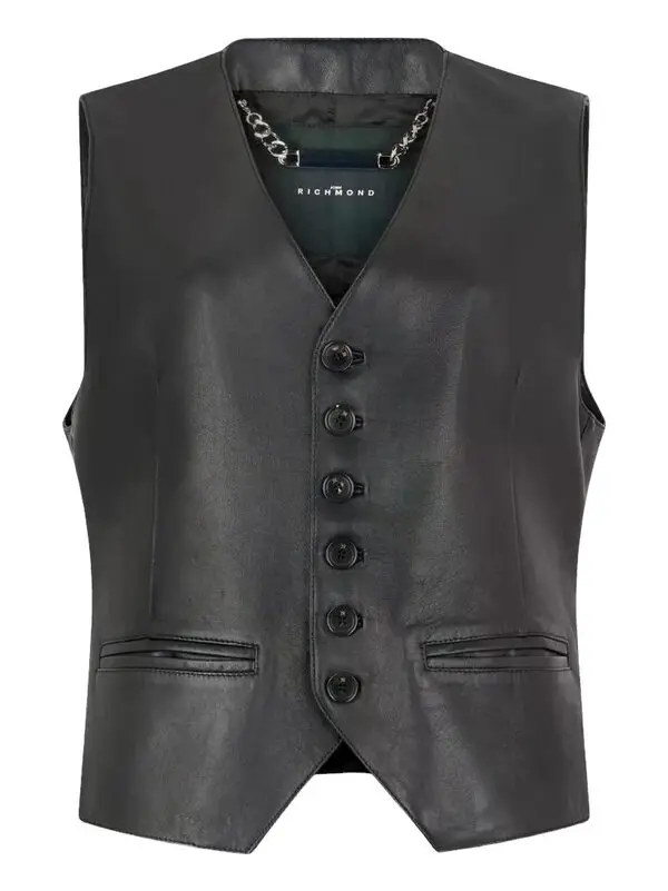 John Richmond Leather Waistcoat With Chain Detail - Black