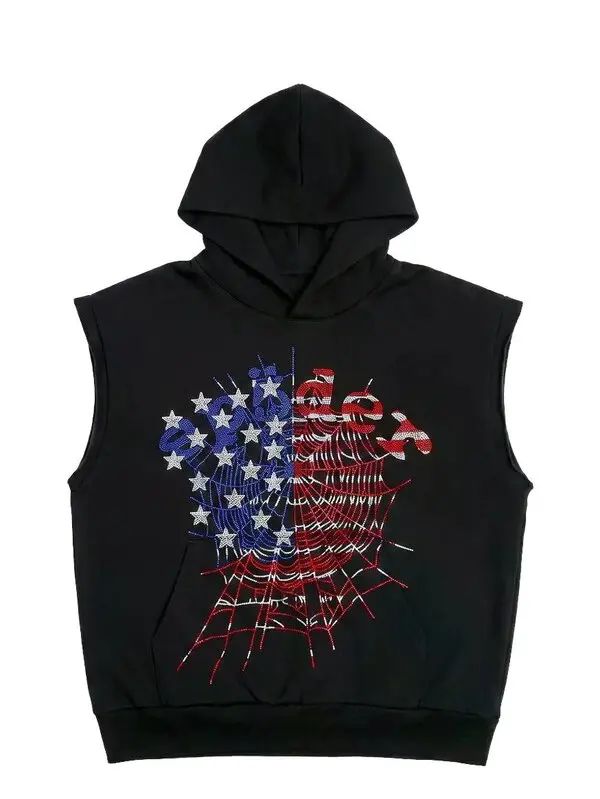 SP5DER Rhinestone Embellished Sleeveless Hoodie - Black