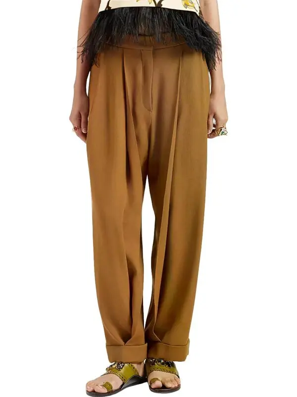 La DoubleJ Pleated Wool Stretch Carrot-leg Trousers - Brown