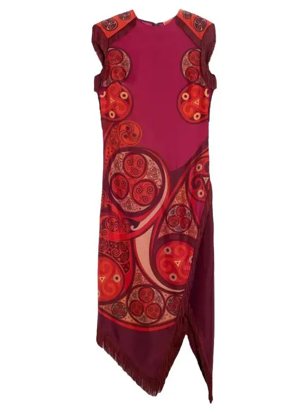 La DoubleJ Printed Silk Voile Scarf Dress With Fringe And Slit - Red