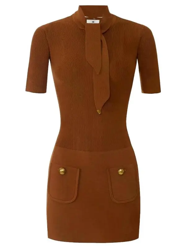 Elisabetta Franchi Knit Mini Dress With Scarf And Jewel Buttons - Brown