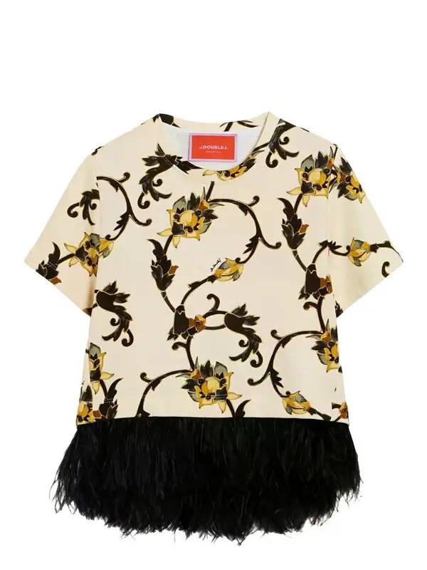 La DoubleJ La Scala T-shirt With Feather Trim - Neutrals