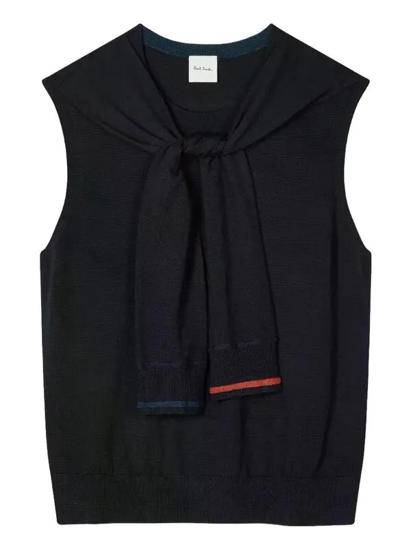 Paul Smith Merino Wool Blend Knitted Vest With Tie Neck Detailing - Blue