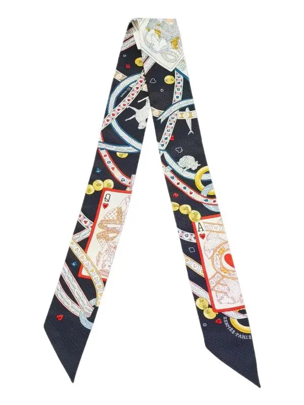 Hermès Silk Twilly With "pique Dame De Coeur" Print And Swarovski Crystal Embellishments - Black