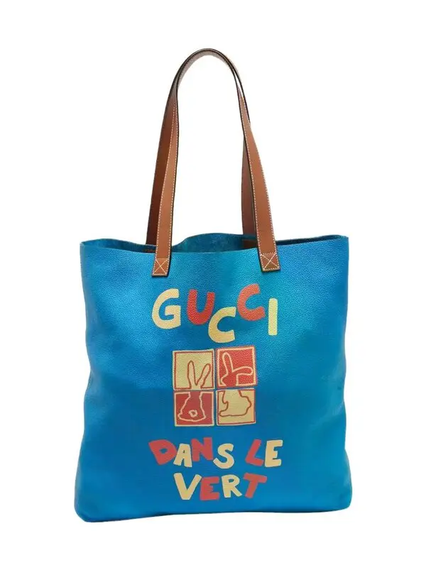 Gucci Leather Graphic Print Tote Bag - Blue