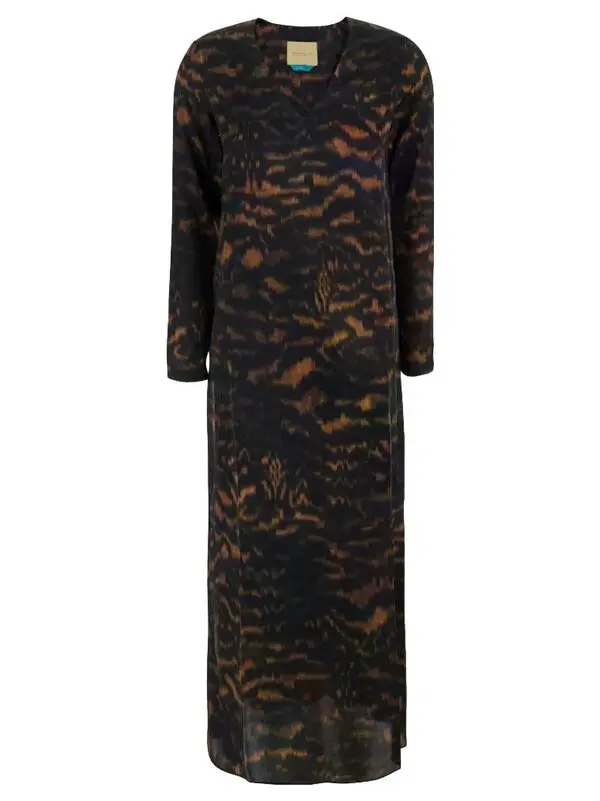 Momoni Abstract Print V-neck Long Sleeve Maxi Dress - Black