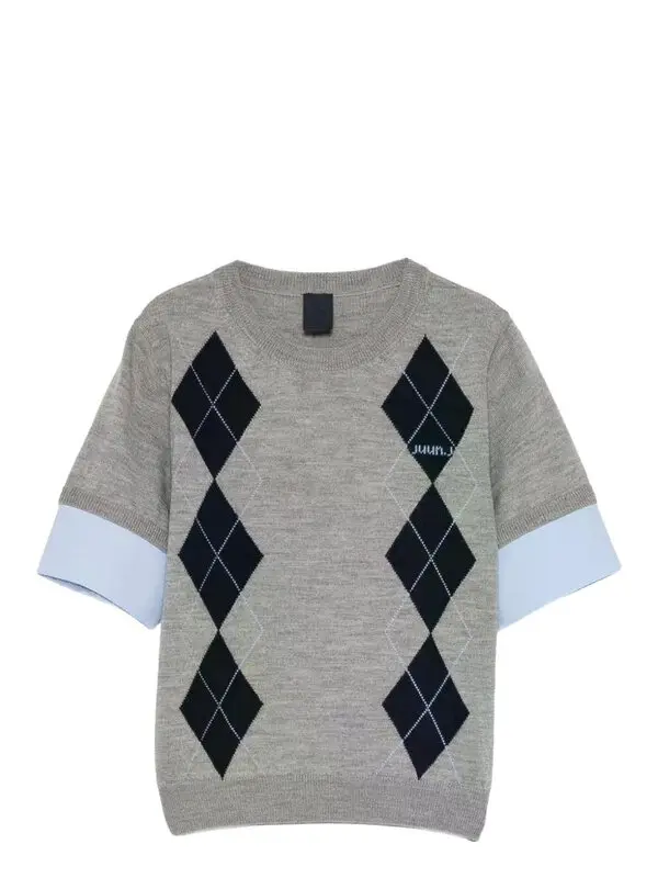 JUUN.J Argyle Intarsia Short Sleeve Knit Top - Grey