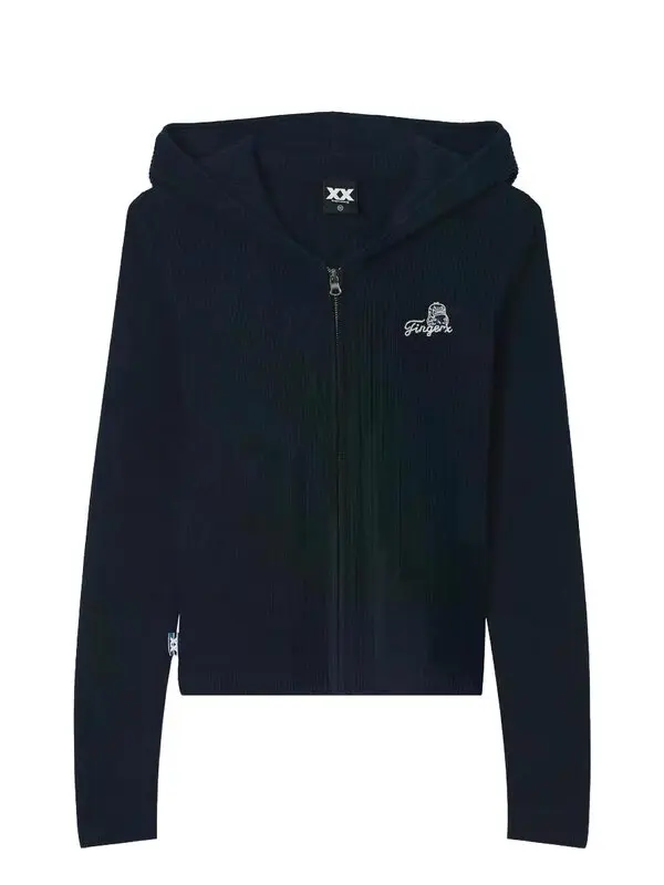 FINGERCROXX Ribbed Knit Full Zip Hoodie With Embroidered Logo - Blue
