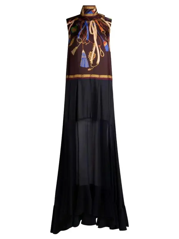 Etro Long Silk Dress With Sheer Flared Skirt And Charm Print - Blue