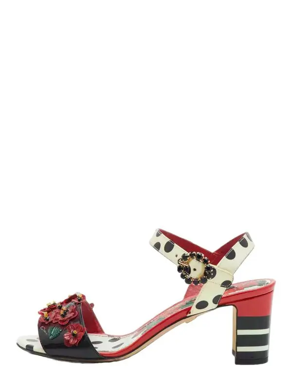 Dolce & Gabbana Polka-dot Floral-appliqué Patent Leather Sandals - Black