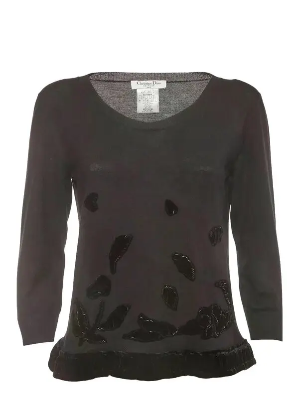 Dior Velvet-trimmed Floral Appliqué Sweater - Black