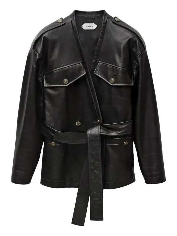 Versace Leather Belted Blouson With Medusa Buttons - Black