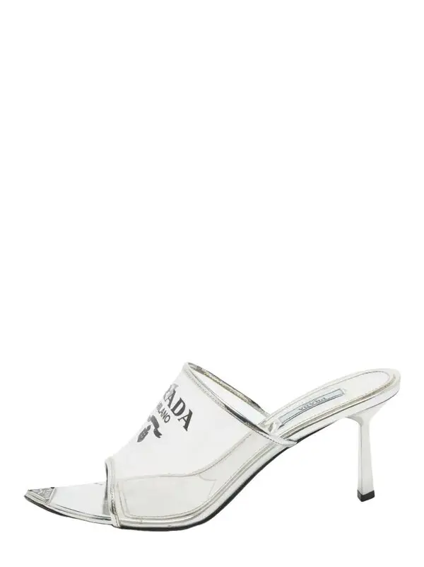 Prada Tone Metallic Triangle Logo Slide Sandals - Silver