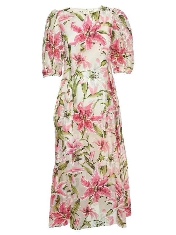 Dolce & Gabbana Lily Print Puff Sleeve Midi Dress - Neutrals