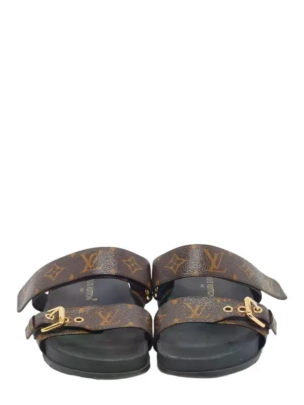 LOUIS VUITTON Monogram Canvas Slides With Gold-tone Buckle - Brown