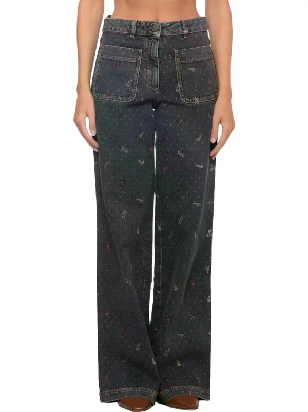 Etro Floral Embroidered Polka-dot Wide Leg Jeans - Grey