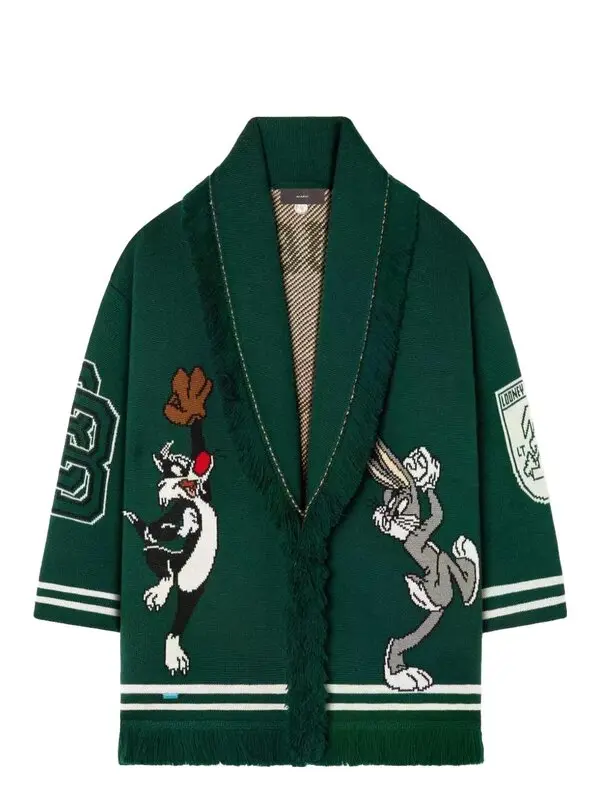 Alanui Bugs Bunny & Sylvester Fringed Virgin Wool Cardigan - Green