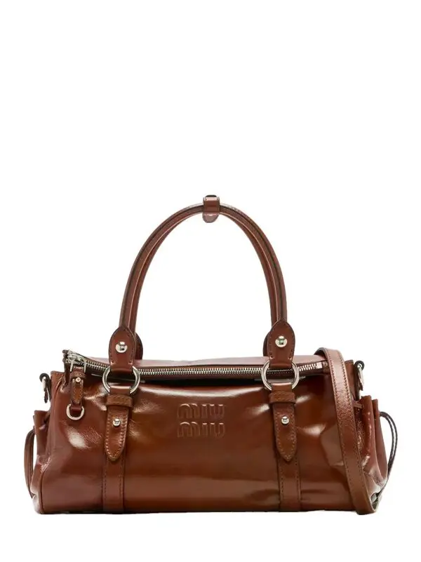 Miu Miu Shiny Leather Handbag With Top Handles And Adjustable Shoulder Strap - Brown