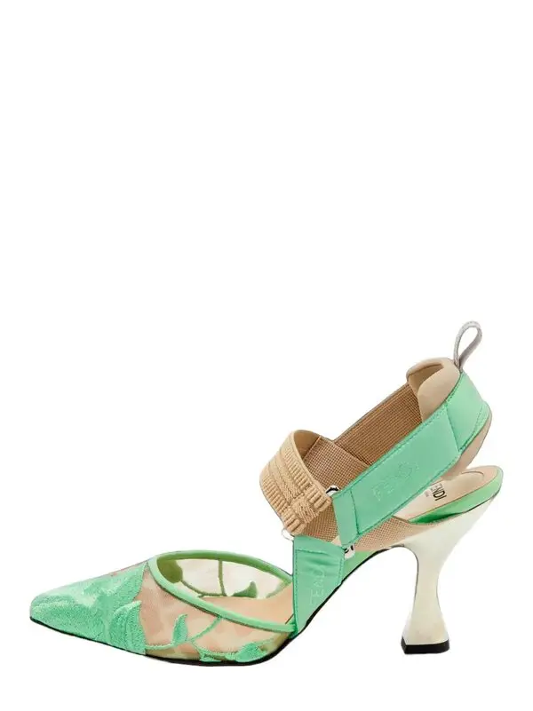 Fendi Colibri Slingback Pumps With Floral Embroidery And Ff Logo - Green