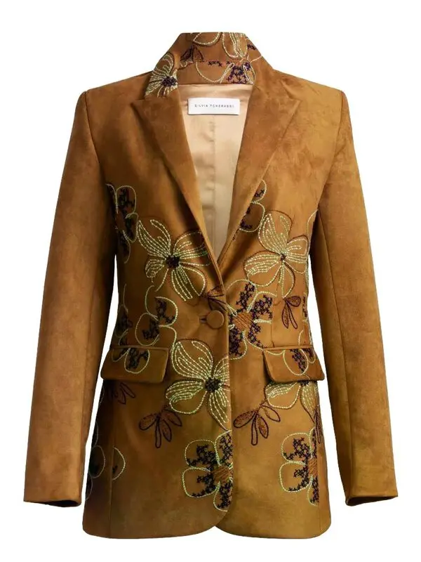 Silvia Tcherassi Floral Embroidered Suede Effect Jacket - Brown