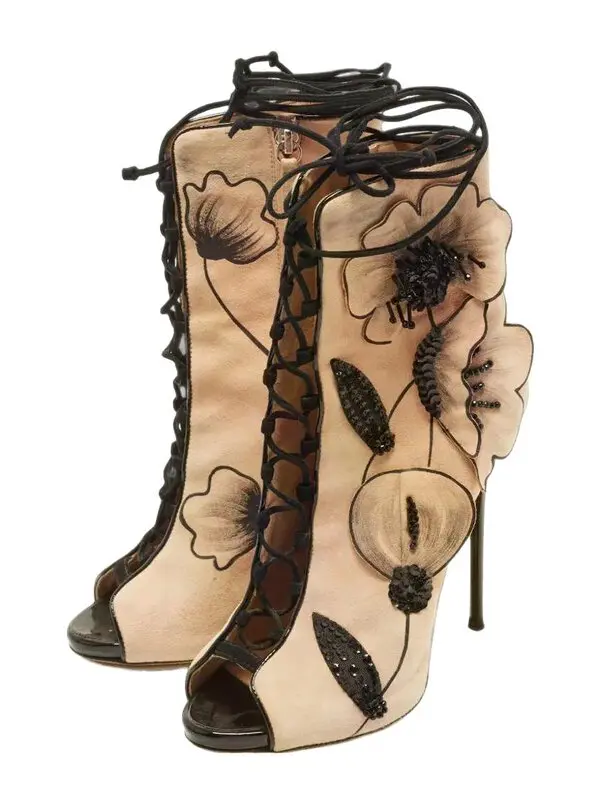 GIUSEPPE ZANOTTI Floral Appliqué Lace-up Heeled Pumps - Neutrals