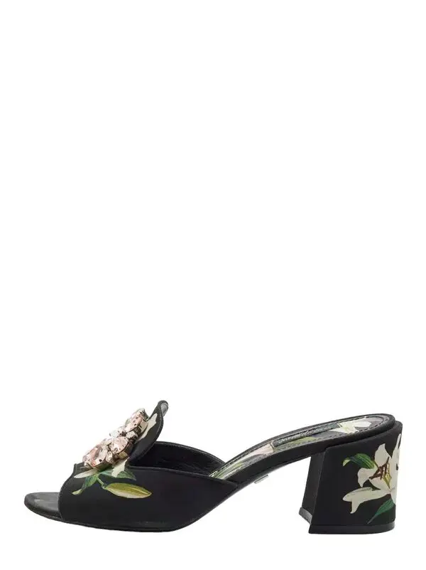 Dolce & Gabbana Lily Print Crystal Embellished Block Heel Sandals - Black
