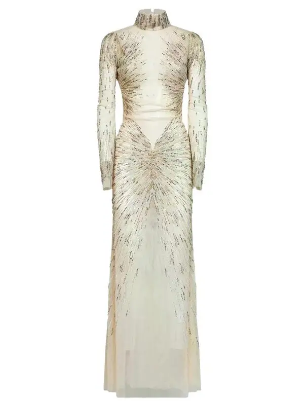 Amen Sequined Maxi Dress With Bead Embellishments - Neutrals